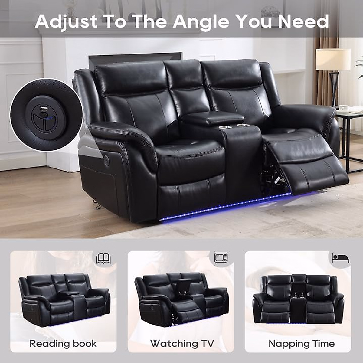 Power Loveseat Recliner Couch with console, Faux Leather Reclining Dual Recliners with LED Lights, Comfort Stretch Love Seat Recliner Sofa, Movie RV Theater Seating Chairs for Living Room, Home, Black
