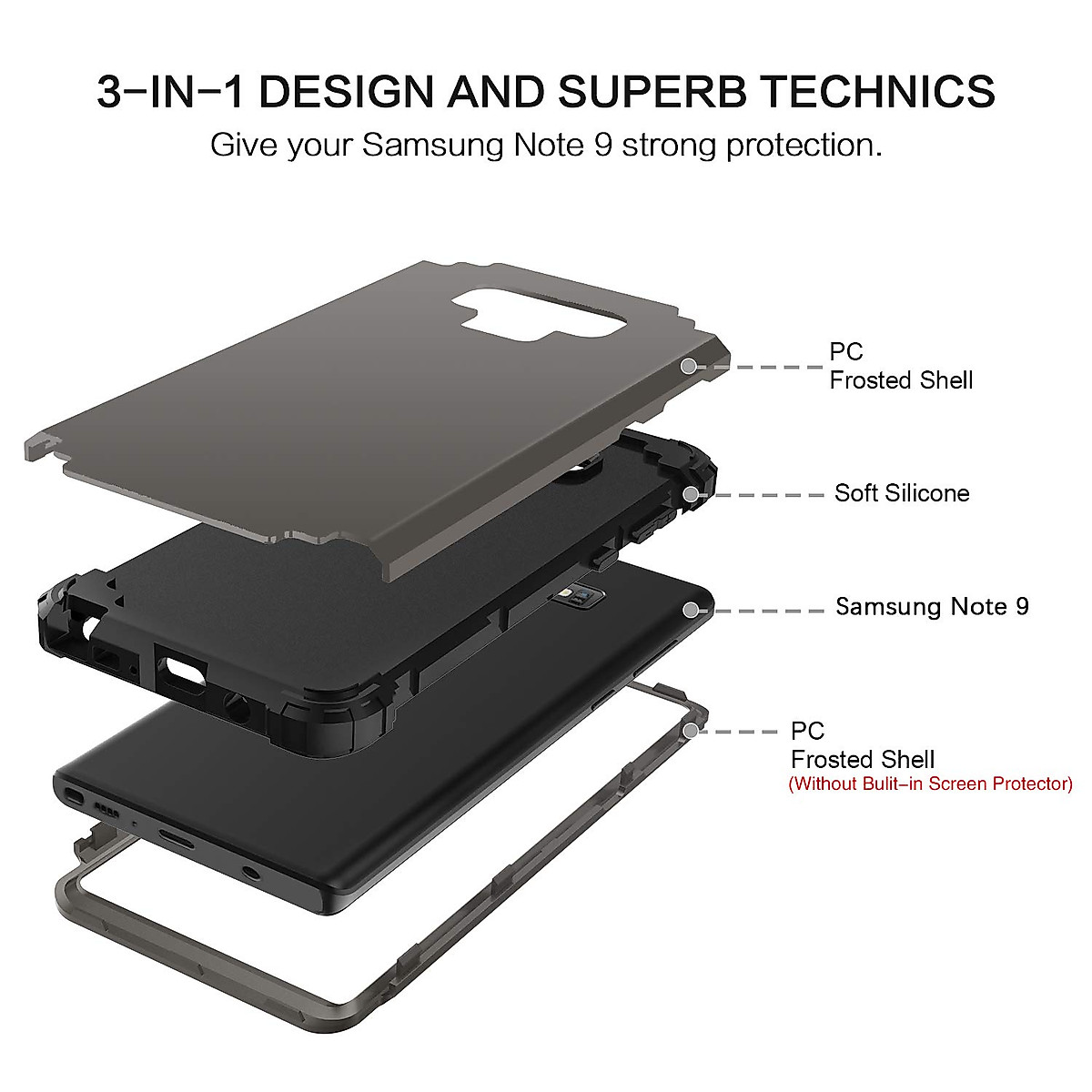 BENTOBEN Galaxy Note 9 Case, Phone Case Samsung Note 9, 3 in 1 Heavy Duty Hybrid Hard PC Soft Silicone Bumper Shockproof Anti Slip Protective Boys Men Cover for Galaxy Note 9 (2018 Release), Gunmetal