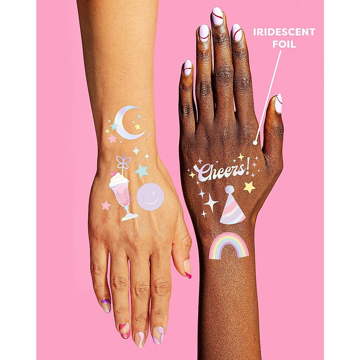 xo, Fetti Pastel Rainbow Temporary Tattoos - 50 Iridescent Foil Styles | Preppy Birthday Party Supplies, Smiley Party Favors, Party Vibes Only