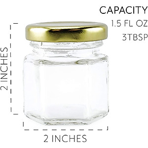 Cornucopia Mini Hexagon Glass Jars (1.5oz, 48-Pack); Tiny Hex Jars with Gold Lids for Spices, Gifts, Party Favors, DIY and More, 3-Tablespoon Capacity