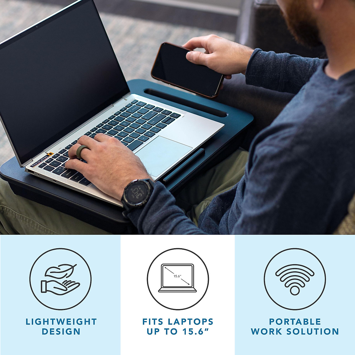 LapGear Sidekick Lap Desk with Device Ledge and Phone Holder - Black - Fits up to 15.6 Inch Laptops - Style No. 44218