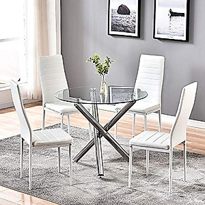 Dining Table with Chairs Set,4HOMART YVONNE&F.L.A.M. 5PCS Round Glass Table Set Modern Tempered Glass Top Table with 4 PU Leather Chairs Dining Room Furniture