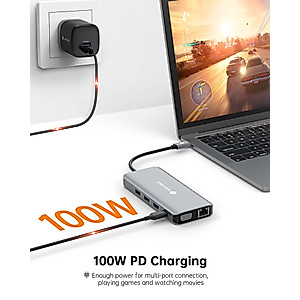 USB C Docking Station Dual HDMI Adapter, 11 in 1 Multi Display Docking Station Dual Monitor with 2 HDMI, VGA, 100W PD, 4 USB, USB C Hub Multiport Dongle Compatible with MacBook/Dell/HP/Lenovo Laptops