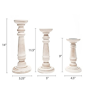 Barnyard Designs Rustic Pillar Candle Holder Stands, Tall Wood Candlestick Centerpieces for Table or Living Room Decor, White, Set of 3, (14", 11.5", and 9" Tall)