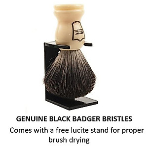 Parker 100% Black Badger Bristle Shaving Brush with White Handle–Extra Dense Badger Bristles Shave Brush Create a Superior Lather–Brush Stand Included