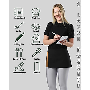 TOSHE Waist Apron with 3 Pockets Waterdrop Resistant Premium Cotton Waitress Apron 10 Color Option Server Apron (1, Black)