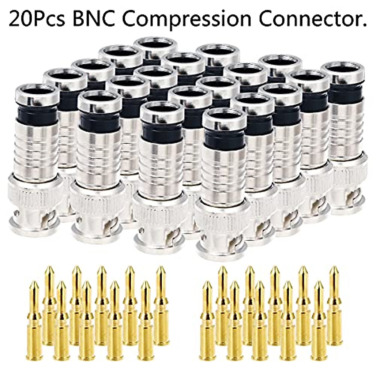 20PCS BNC Compression Connector 75 Ohm Coupler with Copper Pin for RG58-59 Crimper Video Plug Extension Coaxial Siamese Cable Crimper Adapter Male CCTV Home Security Camera Antena System