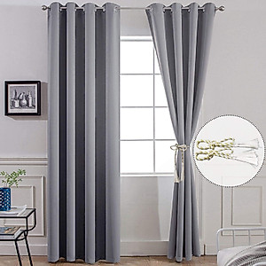Yakamok Room Darkening Gray Blackout Curtains Thermal Insulated Grommet Curtain Panels for Bedroom, 52W x 84L, Grey, 2 Panels, 2 Tie Backs Included