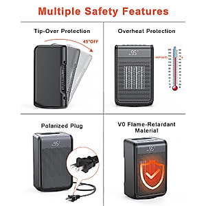 TriPole Space Heater Portable Electric Heater with Thermostat, 80° Oscillating Small Space Heaters for Indoor Use, 1500W Fast Heating PTC Ceramic Heater for Bedroom Office Desk, 1-12H Timer, ECO Mode