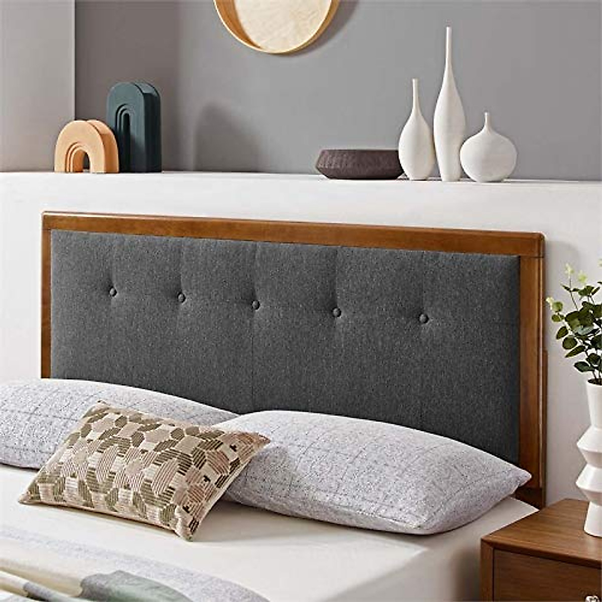 Modway Draper Tufted Queen Fabric and Wood Headboard in Walnut Charcoal