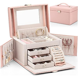 Vlando Jewelry Box Organizer for Girls Women, Large Baroque Jewelry Storage Box with Mirror, Drawers for Bracelets, Earrings, Rings, Necklaces, Mothers Day Gifts for Loved One, Pink