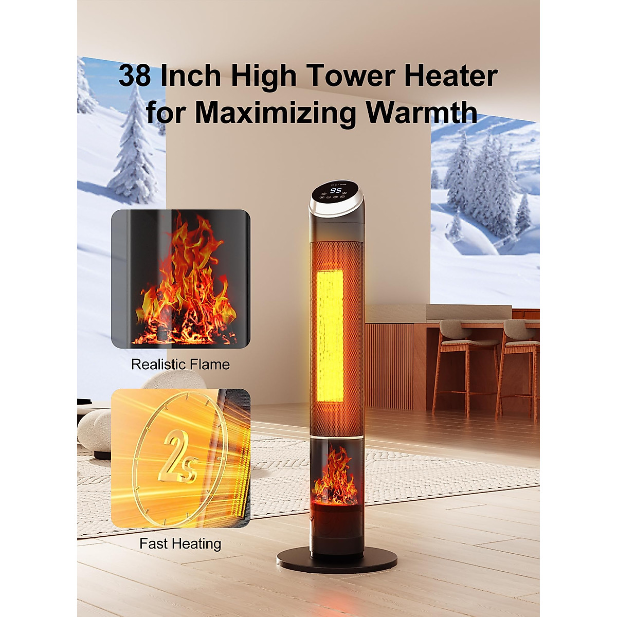 Uthfy Space Heater Indoor, 38" Electric Room Heater with Flame, 24H Timer, Portable Tower Heater with Remote, Thermostat, 3 Modes, Tip-over and Overheat Protection, for Bedroom Office Large Room Use