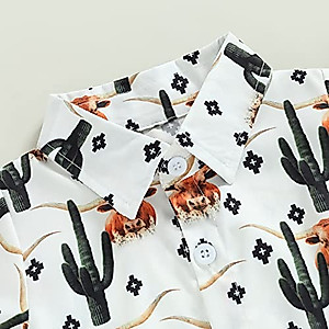 AEEMCEM Baby Boy Western Clothes Cow Print Dress Shirt Bodysuit Short Sleeve Button Up One-Piece Romper Jumpsuit Boho Clothes (A White Cow&Cactus, 0-6 Months)