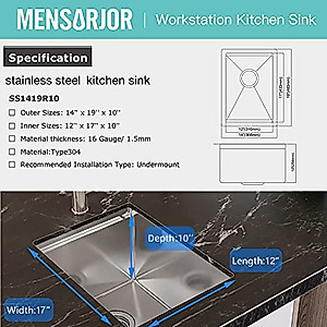 MENSARJOR 14 x 19 Inch Workstation Undermount Single Bowl 16 Gauge handmade NEW MODEL Stainless Steel Kitchen sink …
