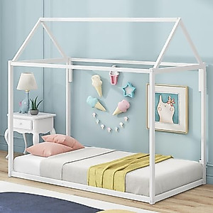 Metal Twin Size Montessori Floor Bed for Kids,Floor Bed Twin,House Bed with Slats for Boys Girls,Metal House Shape Platform Bed,No Spring Box Required,White
