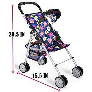 fash n kolor® - Doll Stroller My First Baby Doll Strollers Toy - Flower Design with Basket in The Bottom- Doll Accessories 2 Free Magic Bottles Included - New Year Gift, Boys, Girls