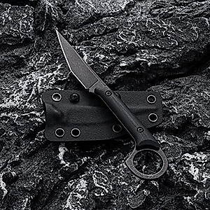 OOULORE Fixed Blade Knife, D2 Stonewashed Steel Blade G10 Handle, Tactical EDC sharp Straight Knife, Utility Knife for Outdoor Survival Hiking Camping with Kydex Sheath OS1014 (Black)