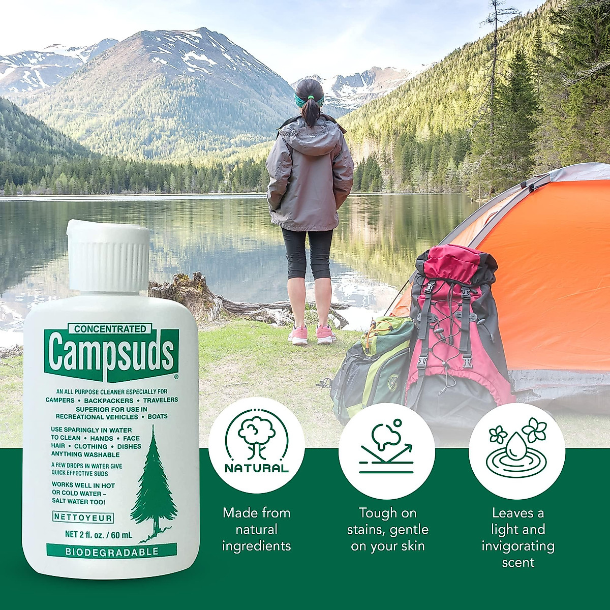 CONCENTRATED CAMPSUDS Outdoor Soap - Environmentally Conscious Camping Soap - Hiking & Camping Supplies - Camp Soap, Backpacking Soap, Travel Soap - Camping Gear Must Haves - 2 Fl Oz Bottle