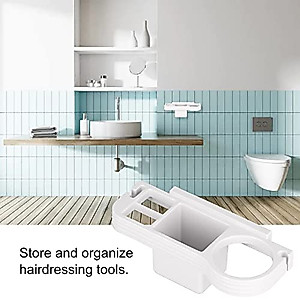 Adhesive Hair Dryer Holder, Wall Mounted No Drilling Plastic Bathroom Blow Drier Storage with Plug Hook, Hair Care Tools Organizer Basket with Cups for Curling Flat Straight Hot Iron(White)