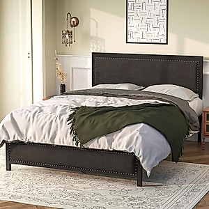 VECELO Queen Size Bed Frame with Linen Fabric Headboard and Footboard, Heavy-Duty Platform with Strong Steel Slats, No Box Spring Needed, Easy Assembly, Black