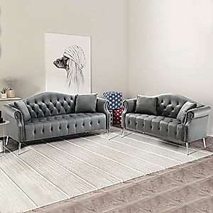 Velvet Chesterfield Sofa,Twin Size Upholstered Couch,Button Tufted Nailhead Trimming Curved Backrest Rolled Arms with Silver Metal Legs Living Room Set,2 Pillows Included (Grey, 59.4 * 29.1 * 35")