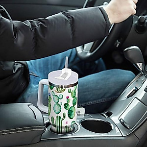 MCHIVER Cactus Succulent Floral 30 oz Tumbler with Handle and Straw Stainless Steel Vacuum Water Bottle Leak-proof Travel Coffee Mug Insulated Tumbler for Home Car Office