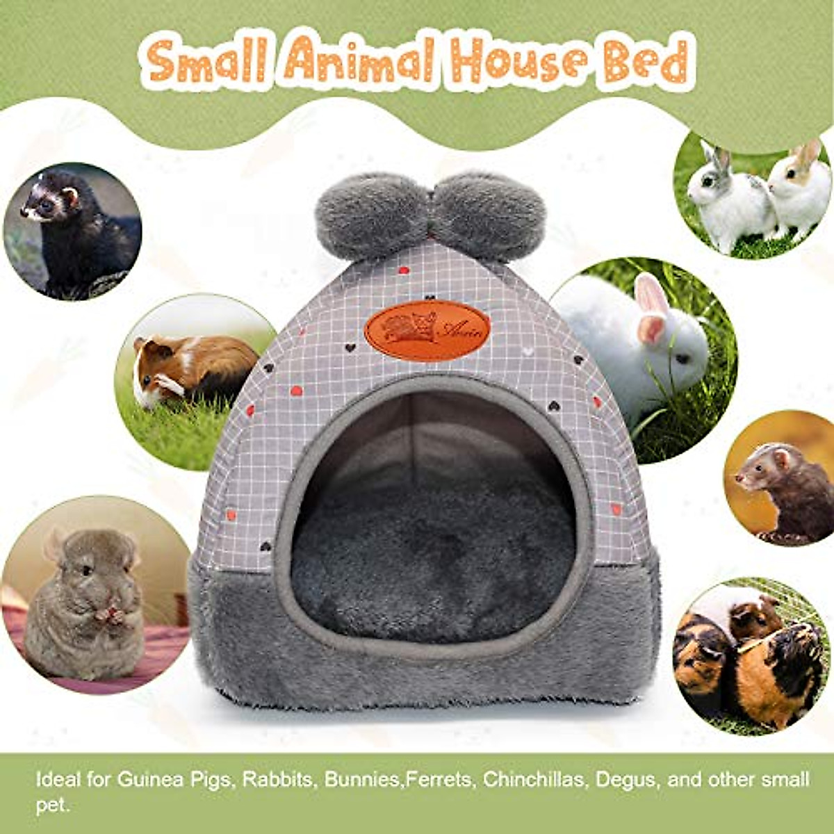 YUEPET Bunny Bed Warm Guinea Pig Cave Beds Cute Bowknot House Big Hideouts Cage Accessorie for Dwarf Rabbits Hamster Bunny Ferrets Rats Hedgehogs Chinchilla (Grey)
