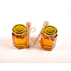 Adabocute 4oz Hexagonal Honey Jars - Glass Honey Jars with Gold Lids, Wooden Dippers, Bee Charms and Jutes - Hexagon Honey Jars for Baby Shower, Wedding and Party Favors, 12 Pack