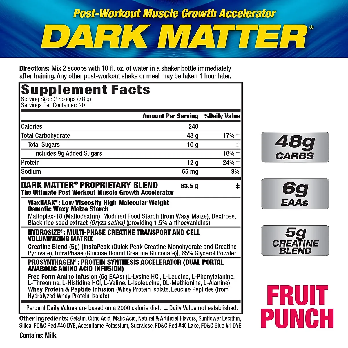 MHP Dark Matter Post Workout, Recovery Accelerator, w/Multi Phase Creatine, Waxy Maize Carbohydrate, 6g EAAs, Fruit Punch, 20 Servings, 55 Oz