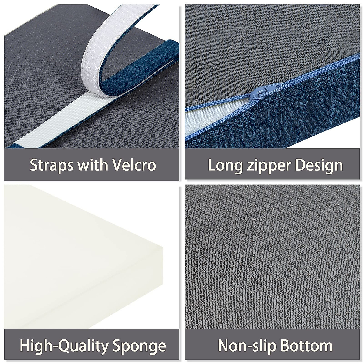 baibu 40 Inch Metal Bench Cushion with Ties, Non-Slip Rectangle Bench Seat Cushion Kitchen Bench Cushion with Machine Washable Cover - One Pad Only (Dark Blue, 40x15x1.5in)