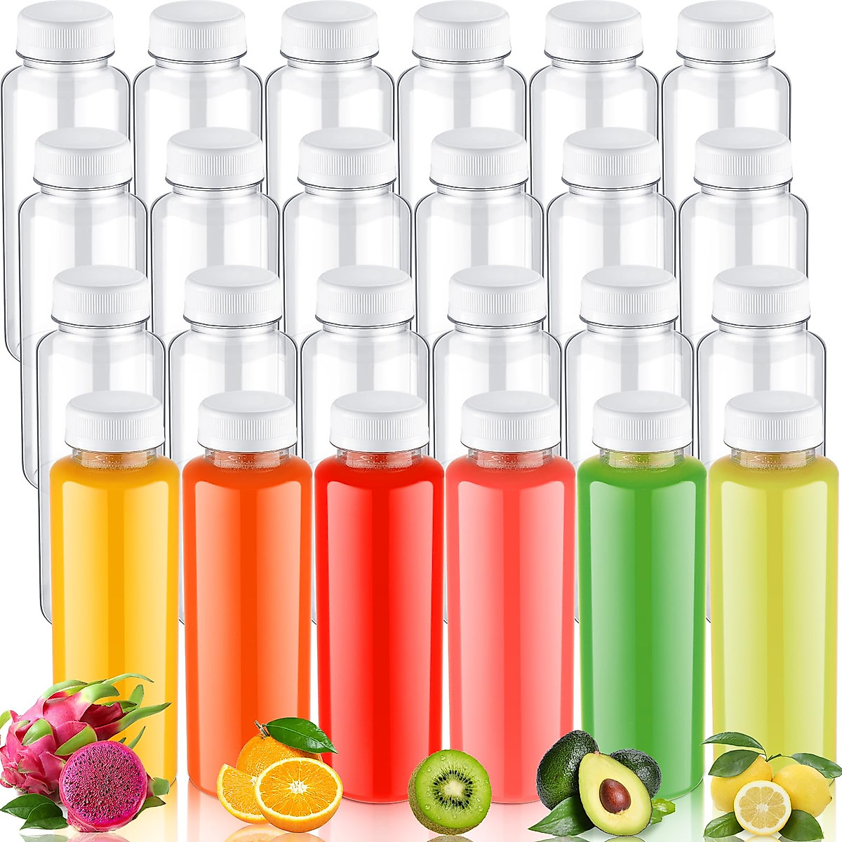 Thenshop 24 Pcs 12 oz Clear Plastic Juice Bottles with White Tamper Evident Lids Reusable Beverage Bottles Empty Drink Containers for Juicing Milk Smoothie Water Fridge Storage