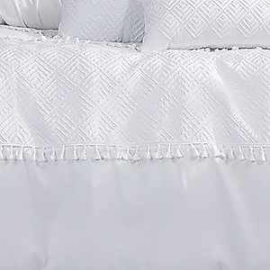 BRHF 7 PCS Boho Embossed Comforter Set with Handcrafted Tassel King, White Textured Down Alternative Bedding Set for Bedroom, Lightweight Bed in A Bag - 1 Comforter, 2 Shams, 4 Pillows