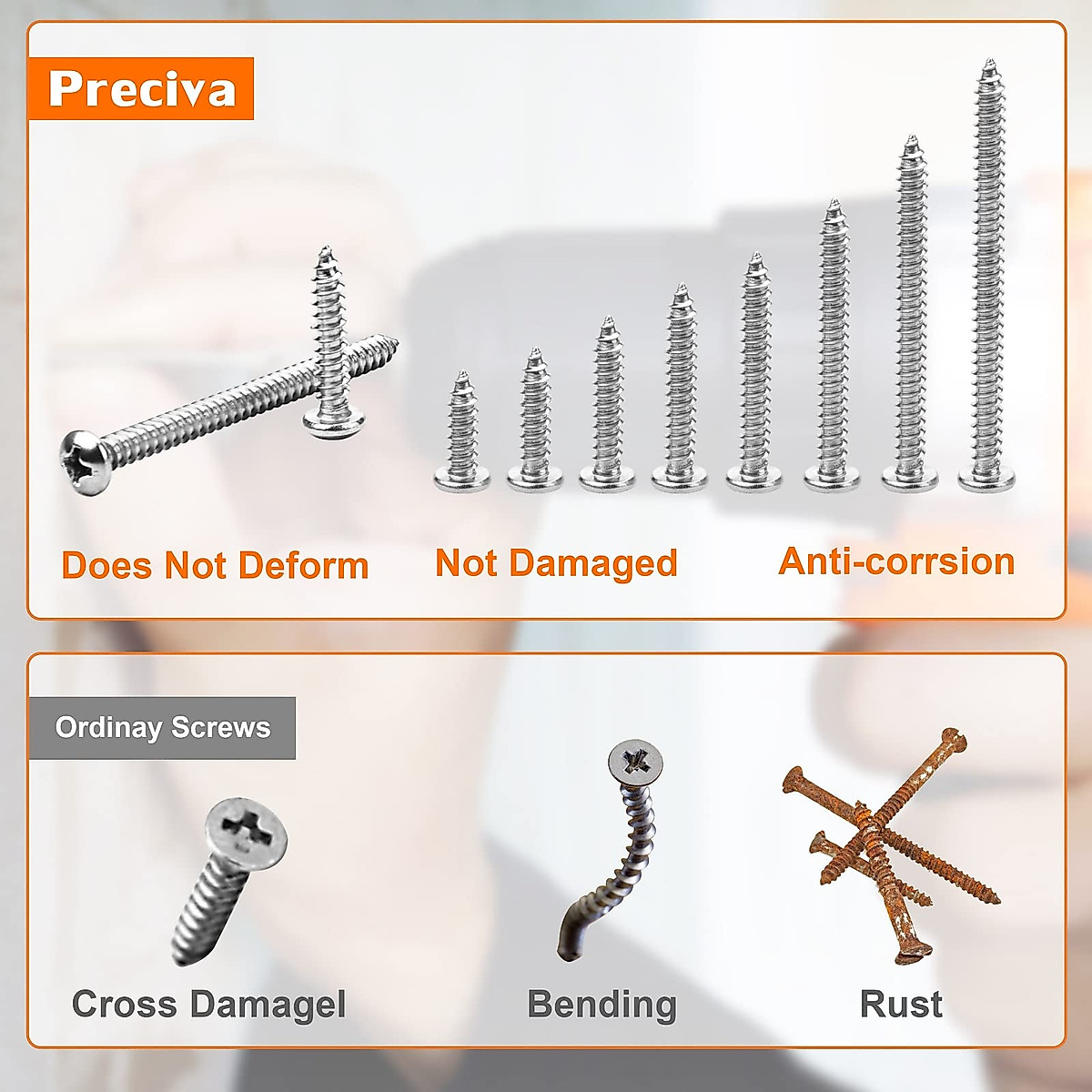 Self Tapping Screws, Preciva 304 Stainless Steel 200 PCS, 8 Sizes Round Head Phillips Drive Self Drilling Screw Assortment Kit for Metal Wood Furniture Electronic Products