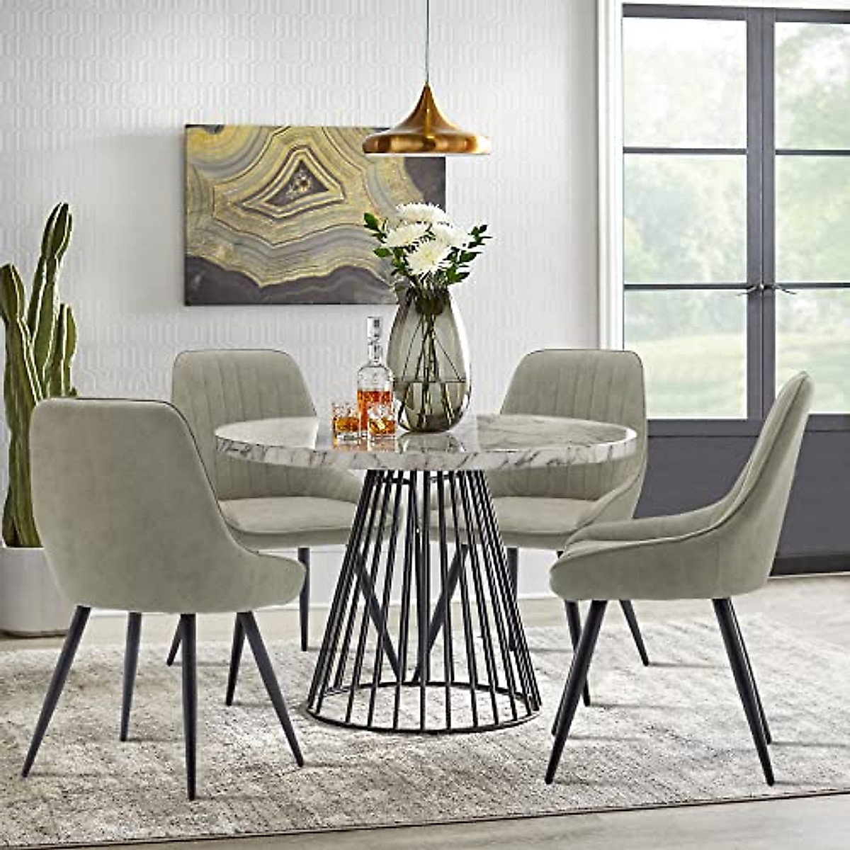 Alunaune Modern Dining Chairs Set of 2 Upholstered Kitchen Chairs, Mid Century Armless Leisure Accent Chair, Living Room Faux Suede Desk Side Chair with Metal Legs-Grey Green