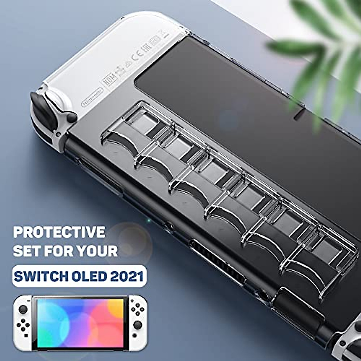 MoKo Case Compatible with Nintendo Switch OLED Model 2021, PC Protective Accessories Cover Case with 6 Game Card Slots and 6 Thumb Caps & 2 Tempered Glass Screen Protectors, Clear+Blue