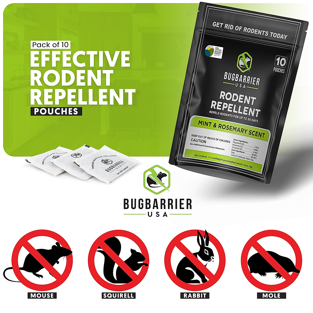 BugBarrier's Extra-Strength Mouse Repellent Pouches, USDA 99% Biobased, Peppermint & Rosemary Oils Repel Mice Nesting & Freshen Air in Car, RV, Boat, Garage, Shed, Cabin Made in The USA (Pack of 10)