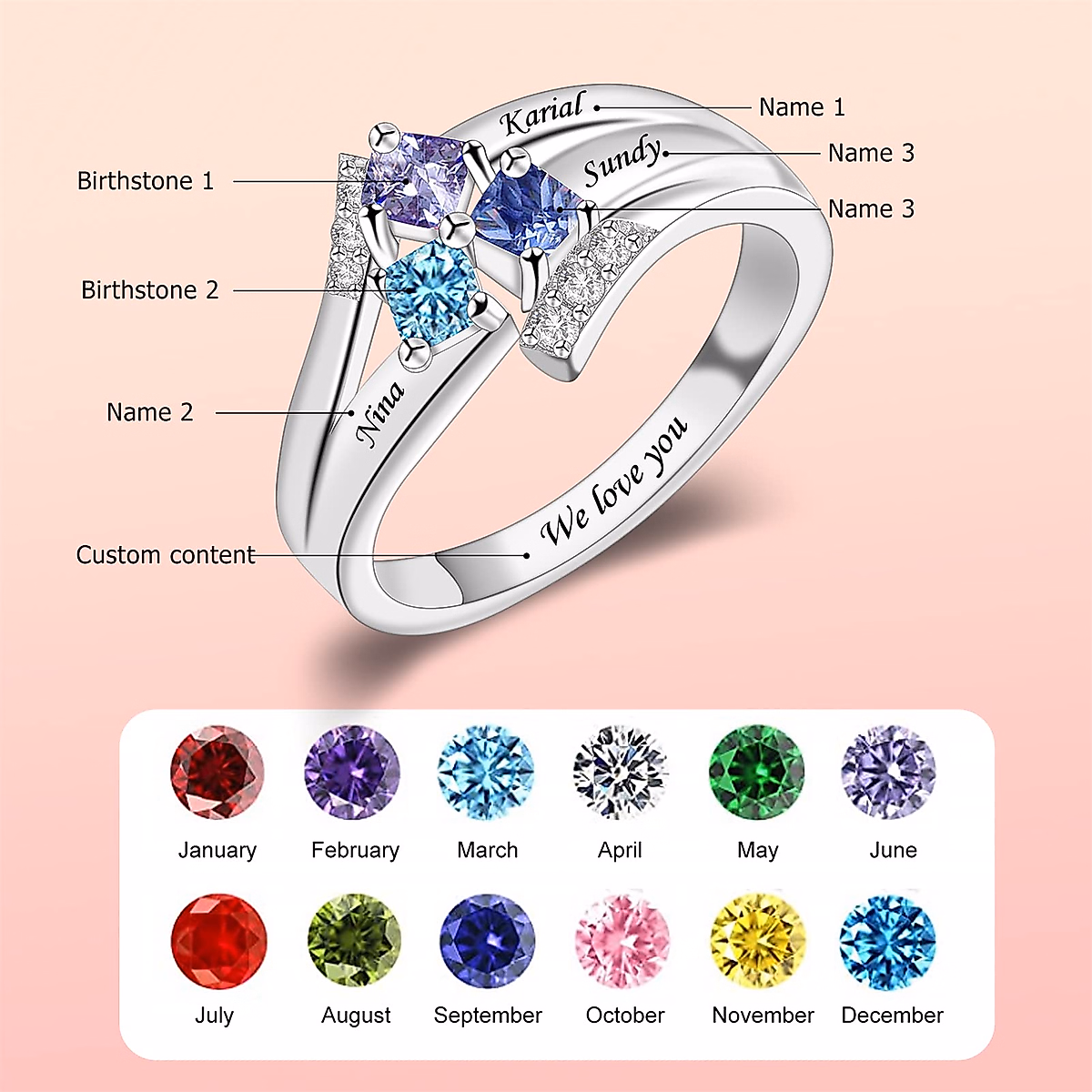 BAUMA AUTO Personalized Mothers Rings with 1-9 Simulated Birthstones Custom Anniversary Rings for Women Family Name Rings for Mom