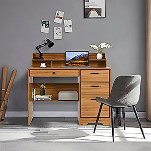 Computer Desk with 4 Drawers and Storage, Small Office Desk with File Drawers and Hutch, Farmhouse Wood Writing Student Table for Home Office, Bedroom, Rustic Oak