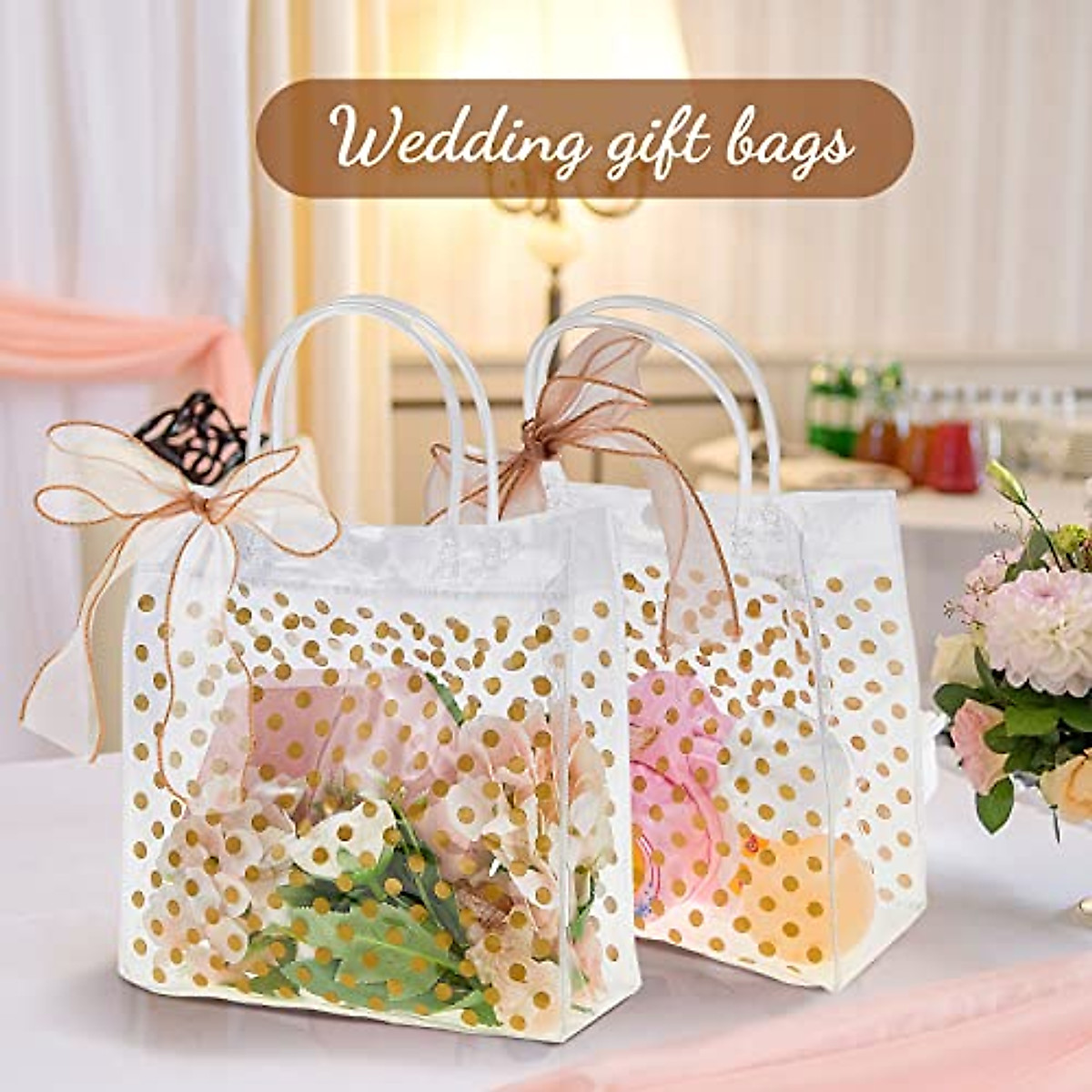 Amylove 50 Pcs Clear Plastic Gift Bags with Handle 7.9 x 7.9 x 3.2 Inches Wedding Gift Bags Polka Dots Gold Gift Bag Transparent Reusable Gift Bag PVC Bag for Wedding Birthday Baby Shower Party