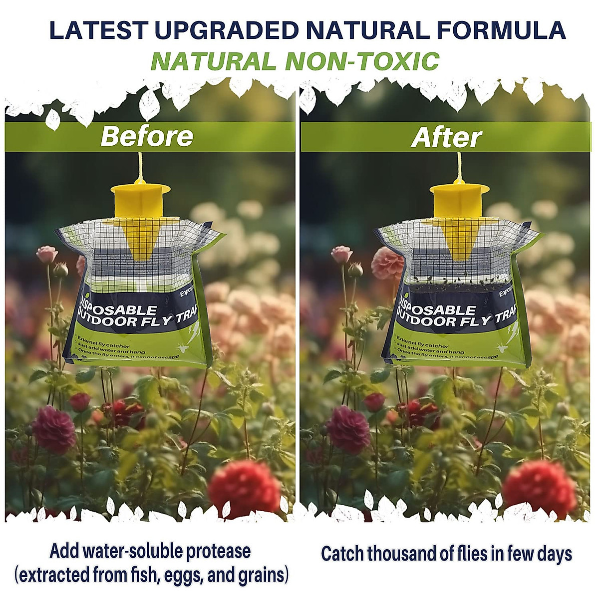 Enposmre 4 Pack Fly Traps Outdoor Hanging Disposable Fly Bags Trap, Effective Fly Catcher with Bait, Fly Killer for Patio, Chicken Coops, Horse Stables, Barns