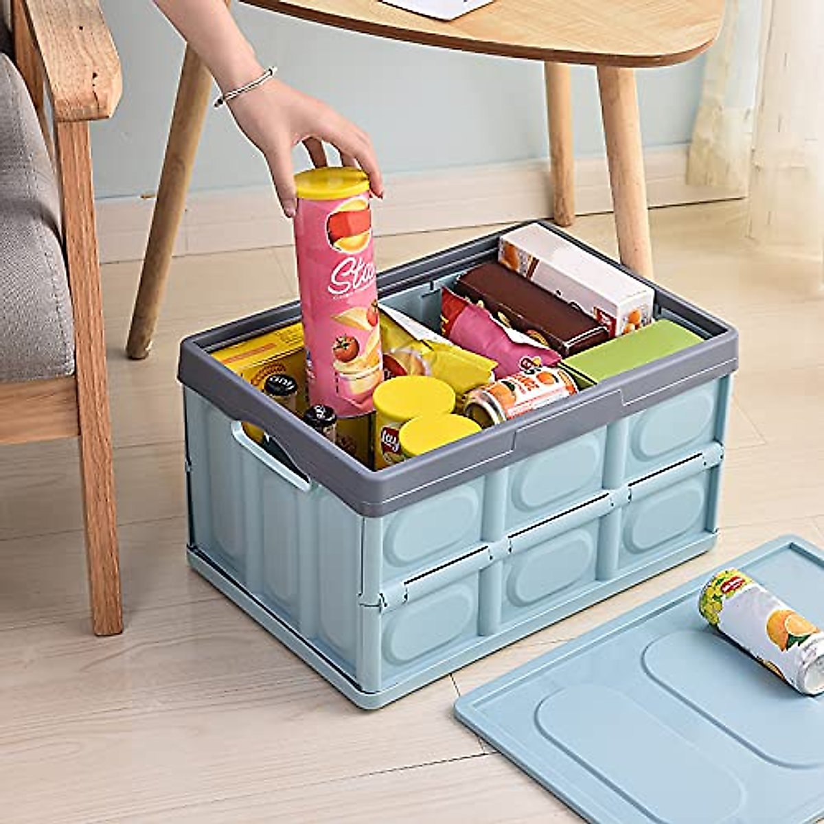 Foldable Storage Boxes with Lids [3-Pack] Collapsible Plastic Storage Bins Organizer Containers Baskets Cub with Cover,Stackable Utility Crates Storage Box (Blue, 30L)