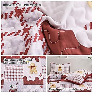 Drucon Christmas Quilt Set King Reversible Christmas Deer Snowflake Pattern Red Deer Plaid Patchwork Bedding Quilt Coverlet with 2 Pillowshams for All Season 104"x90"