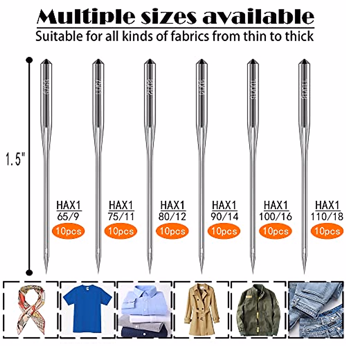 60Pcs Sewing Machine Needles Set Universal Standard Needle for Singer, Brother, Janome, Varmax, Home Sewing Machines Needles in Size HAX1 65/9, 75/11, 80/12, 90/14, 100/16, 110/18