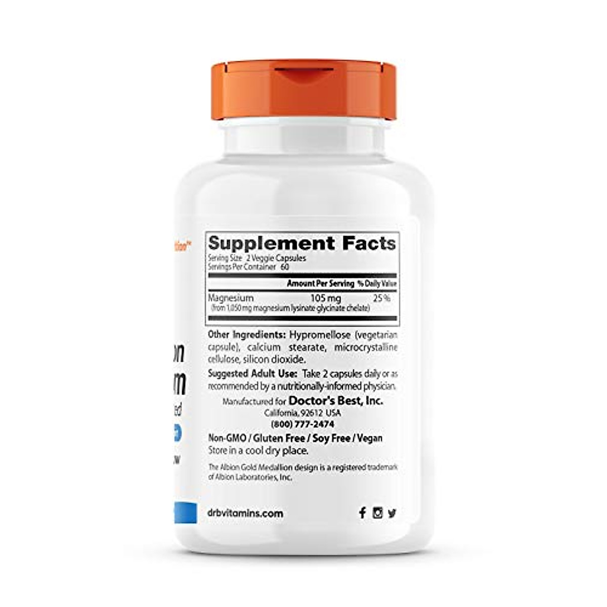 Doctor's Best High Absorption Magnesium Lysinate Glycinate, Easy to Swallow, 120 Ct