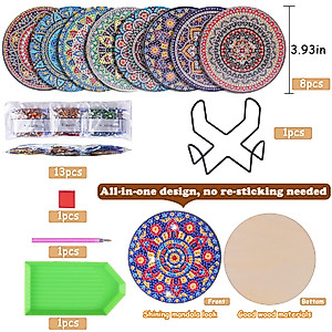 BSRESIN 8 Pcs Diamond Painting Coasters with Holder, Mandala Coasters DIY Diamond Art Crafts for Adults, Small Diamond Painting Kits Accessories