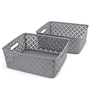 BROOKSTONE - 2 Pack Large Storage Baskets with Handles, Decorative Woven Pattern, Versatile and Stylish Organizers for Home, BPA Free Plastic Bins