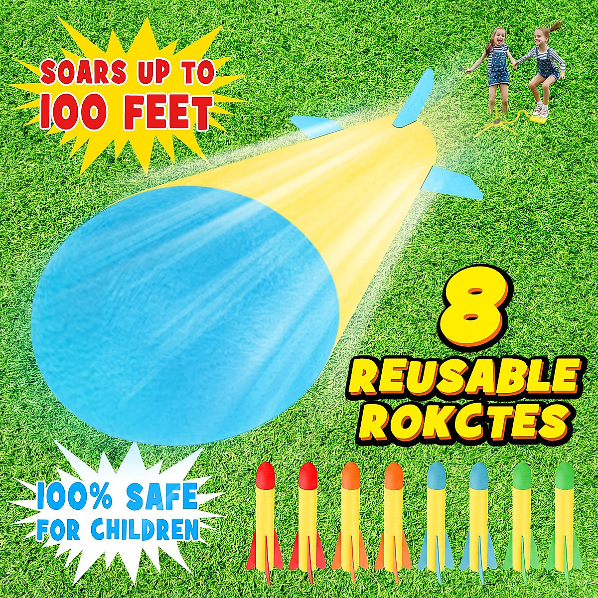 BEEFHN Toy Rocket Launcher for Kids, Incl 2 Launchers & 8 Foam Rockets, Shoots Up to 100 Feet, Sturdy Jump Launch Toys Fun Outdoor Toy for Kids, Gift for Boys and Girls Age 3 4 5 6+ Years Old