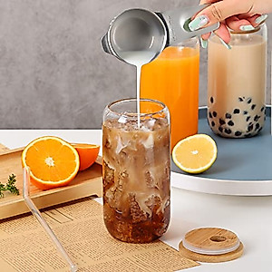 Woisut Glass Cups with Lids and Straws 4pcs Set - 16oz Drinking Glasses, Beer Glasses, Iced Coffee Cups, Cute Glass Tumbler for Smoothie, Milk Tea, Whiskey, Gifts for Women Men