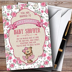 Pink Roses Girls Ballerina Ballet Teddy Invitations Baby Shower Invitations