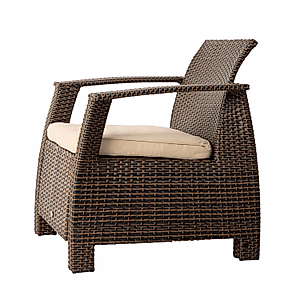 Patio Sense 62775 Bondi Deluxe Armchair All Weather Lightweight & Durable Outdoor Seating Wicker Low Maintenance Khaki Cushion Included - Mocha